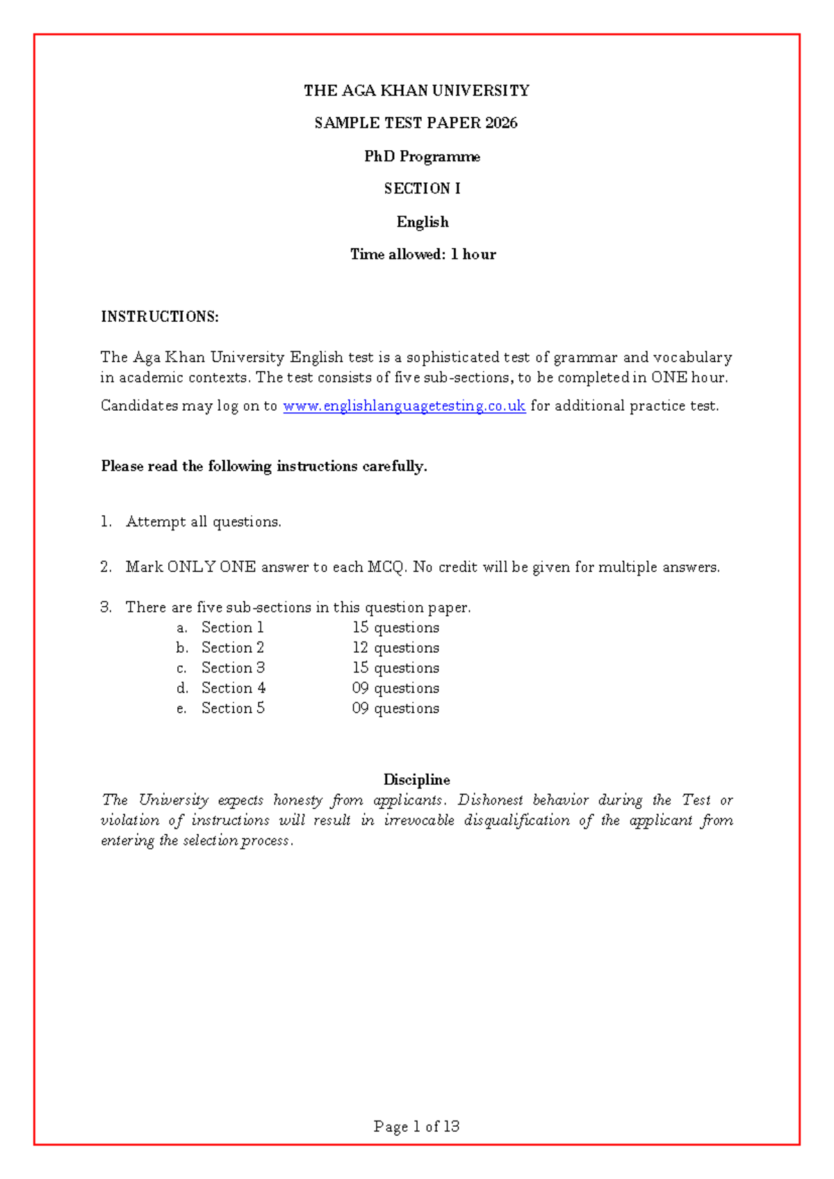 Aga Khan University PhD Sample Test Paper 2026: English & Quantitative ...