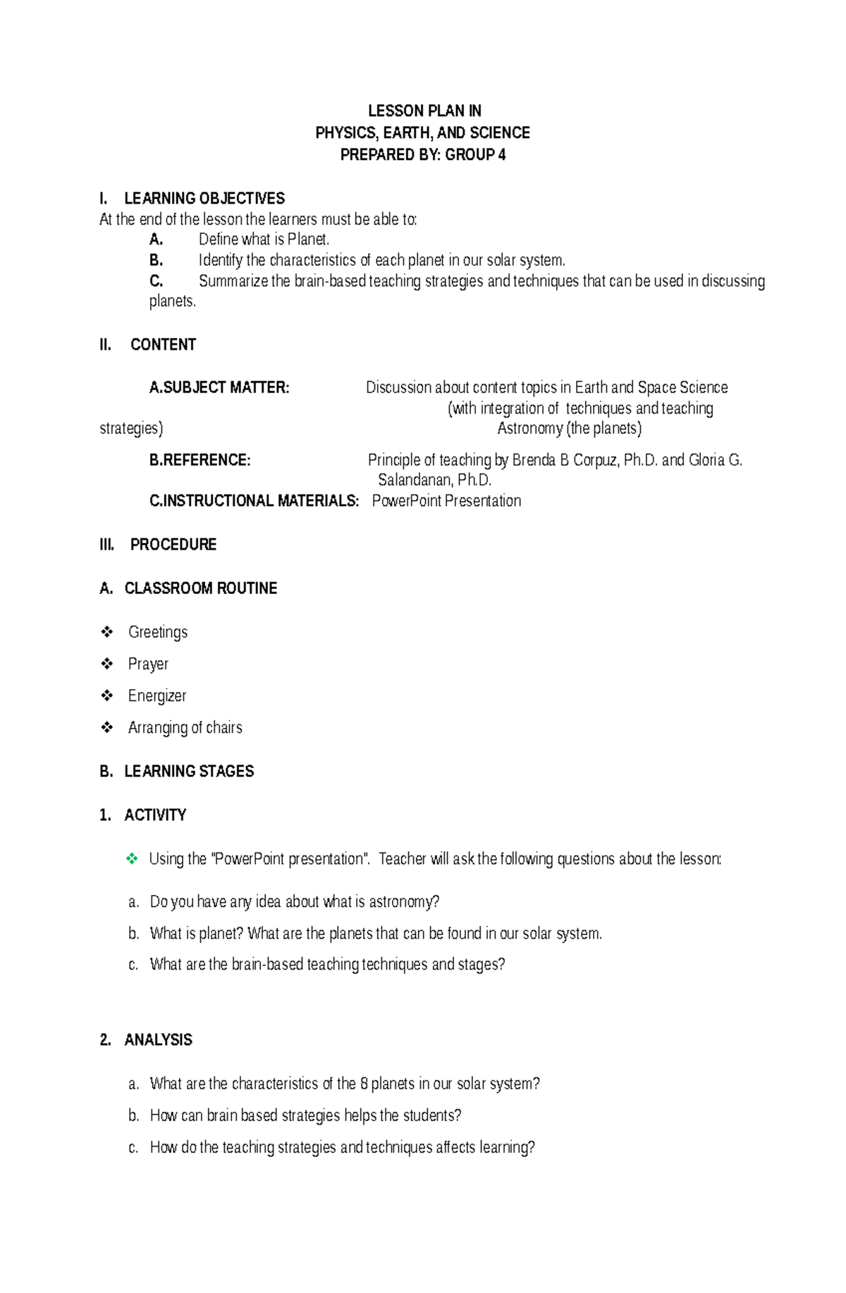 Science Lesson Plan: Exploring Our Solar System and Teaching Strategies ...