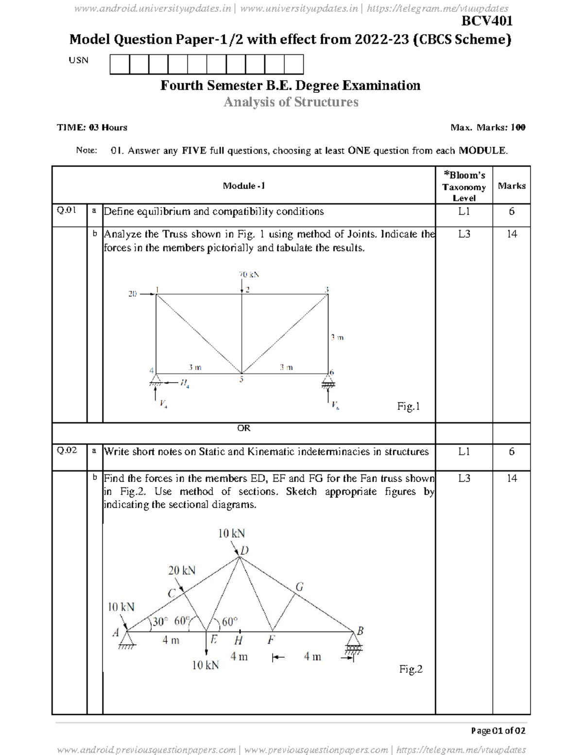 BCV401 Model Questions for 4th Sem B.E. Exam in Structures - Studocu