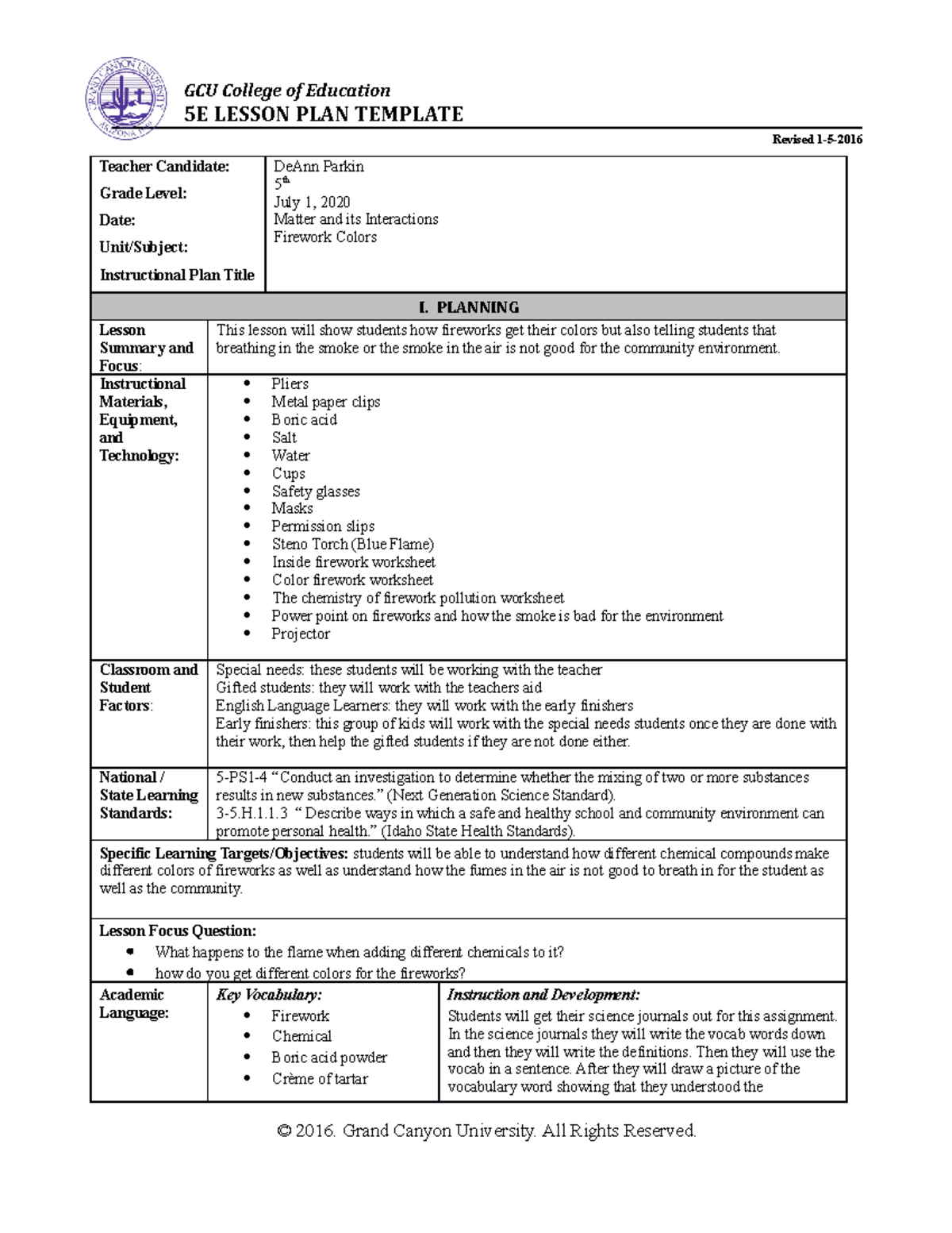 Firework colors lesson plan - GCU College of Education 5E LESSON PLAN ...