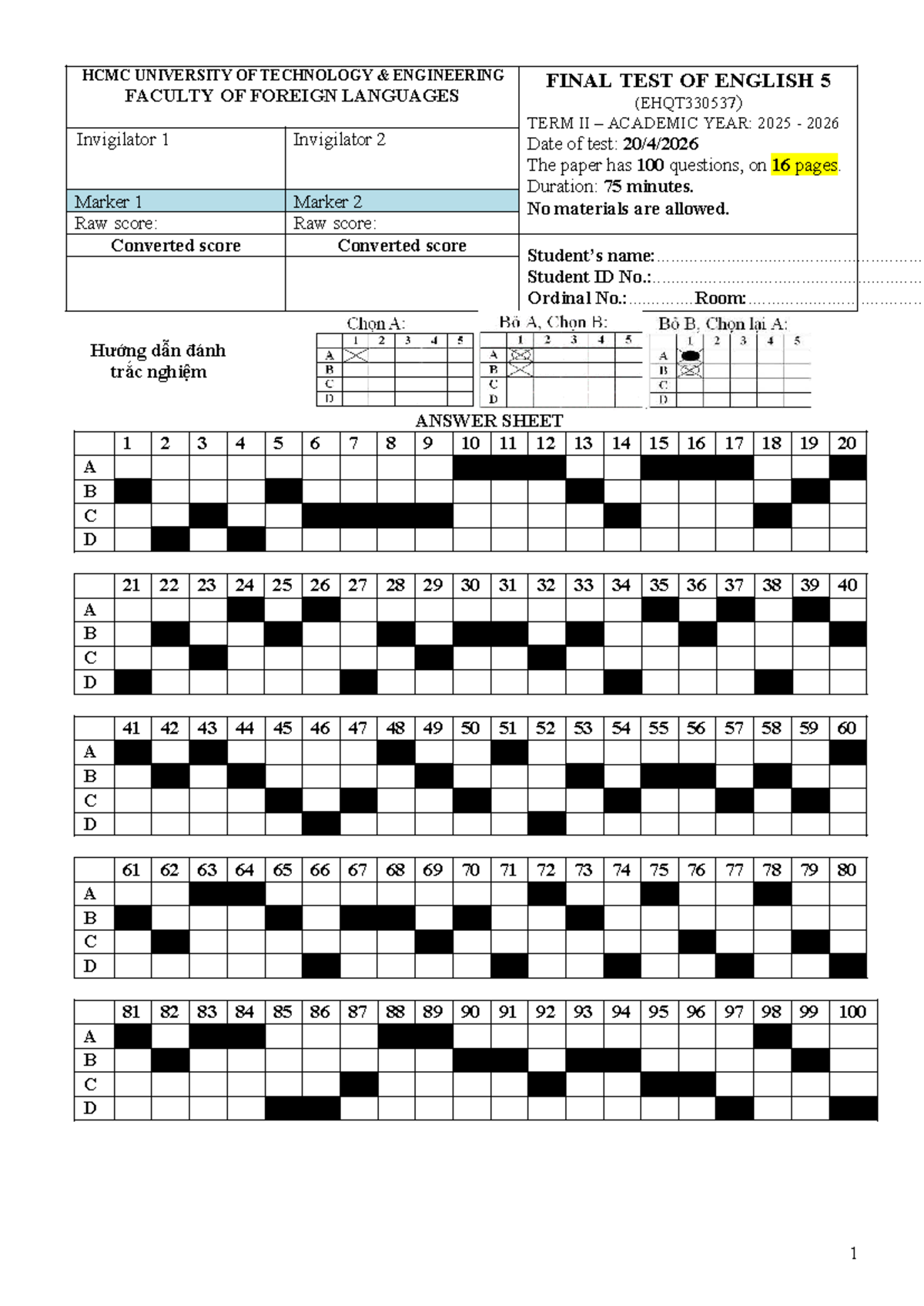 Final Test English 5 (EHQT330537) Answer Keys for CLC 25-26 - Studocu