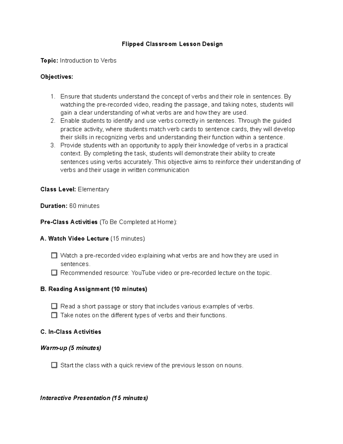 Flipped Lesson Plan: Introduction to Verbs for Elementary Class - Studocu