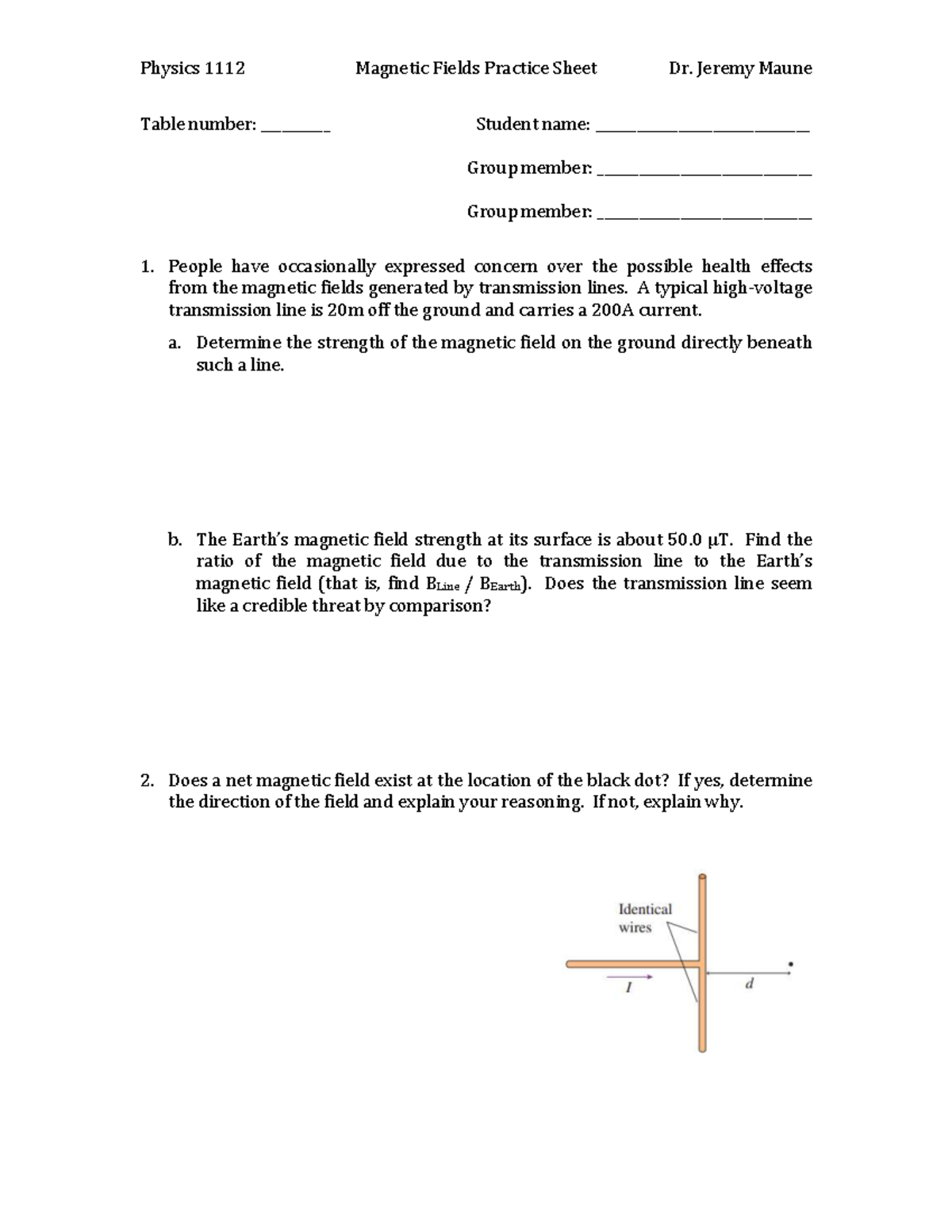 Physics 1112 Magnetic Fields Practice Sheet - Studocu
