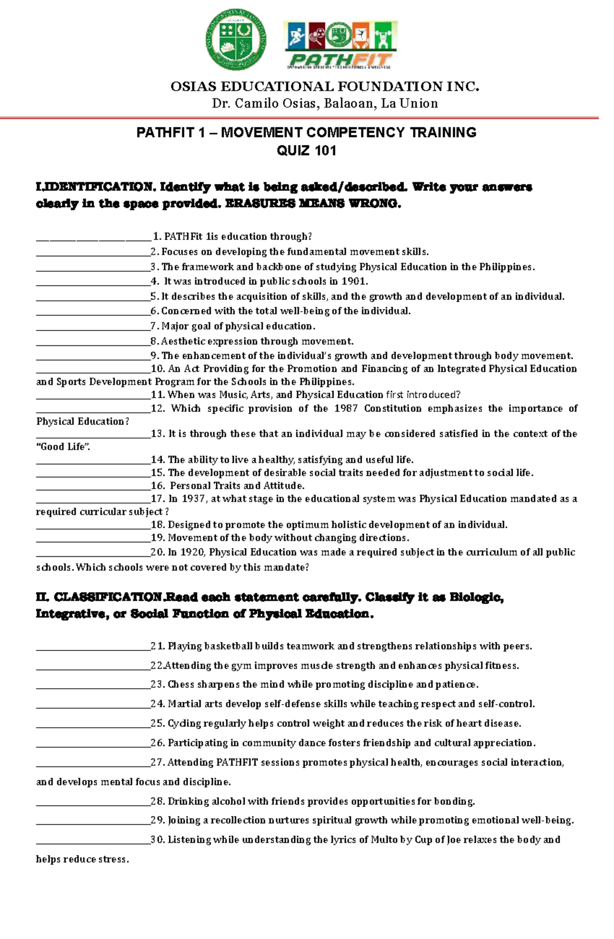 PATHFIT 1 Movement Competency Training Quiz 101 - Week 1 - Studocu