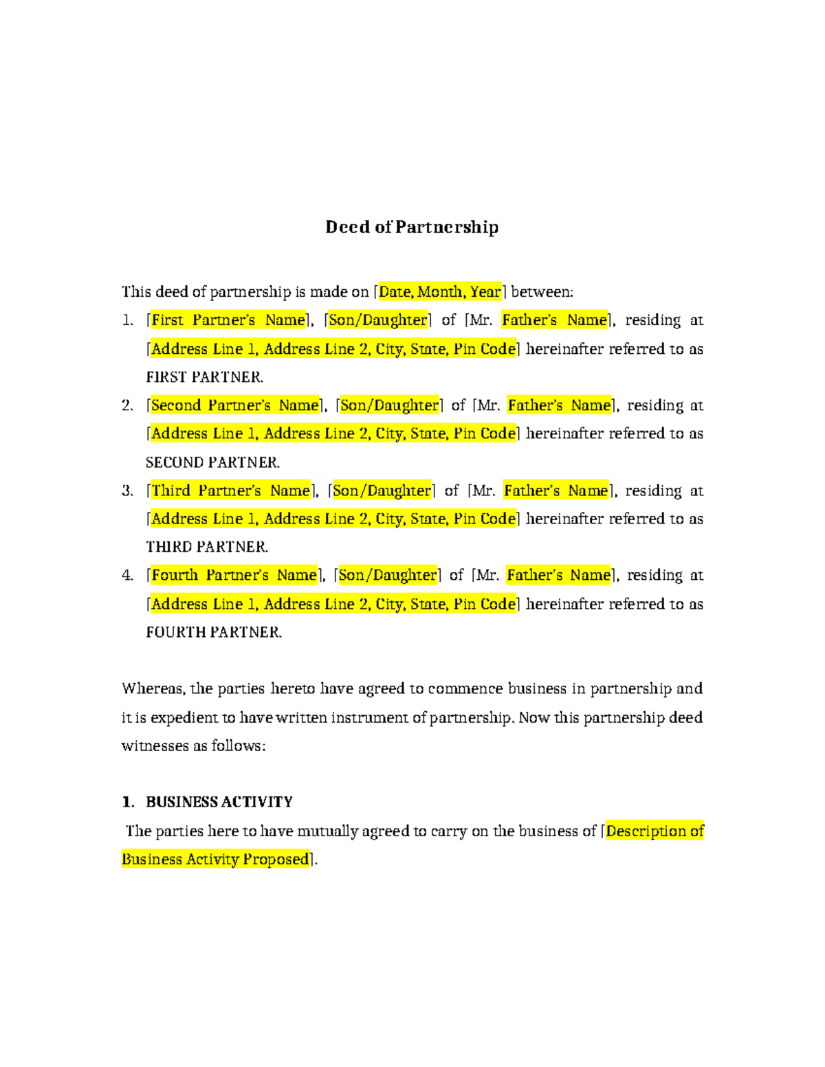 Partnership Deed Format Template for Business Agreements - Studocu