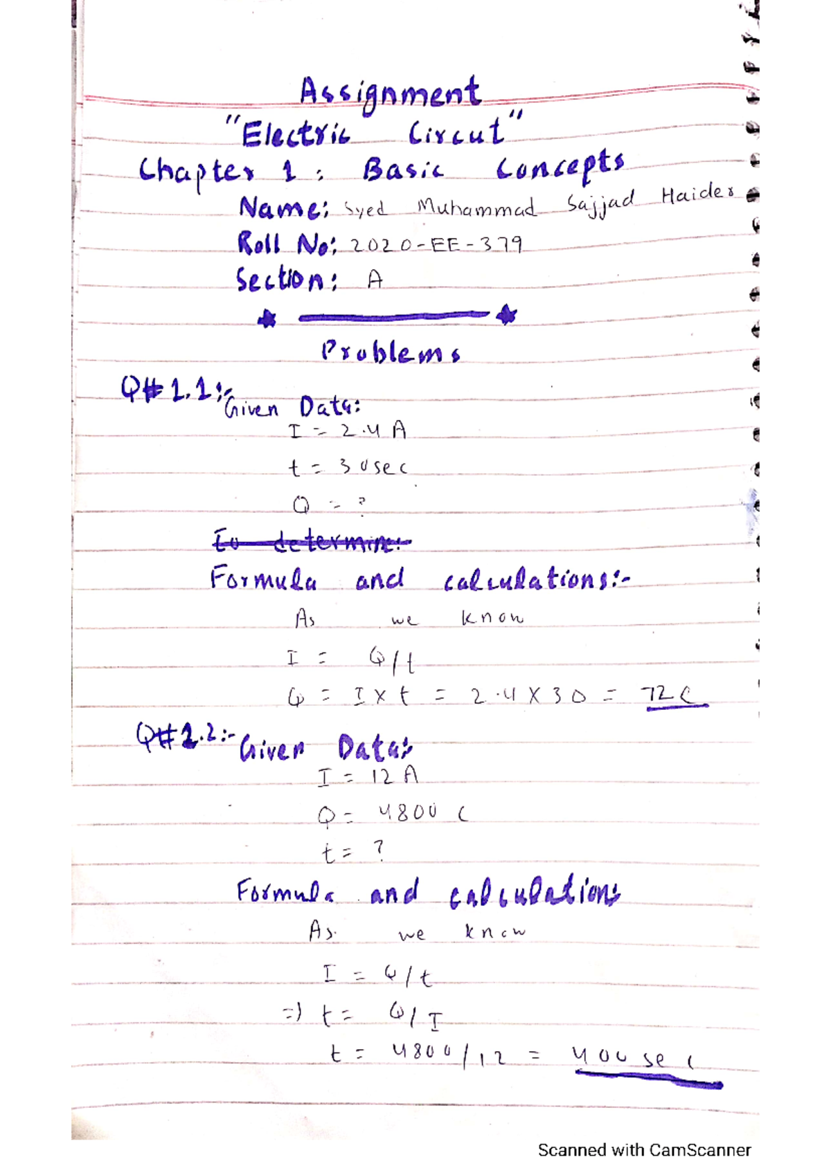 Electric Circuit Assignment 1 - Syed Muhammad Sajjad Haider - Studocu