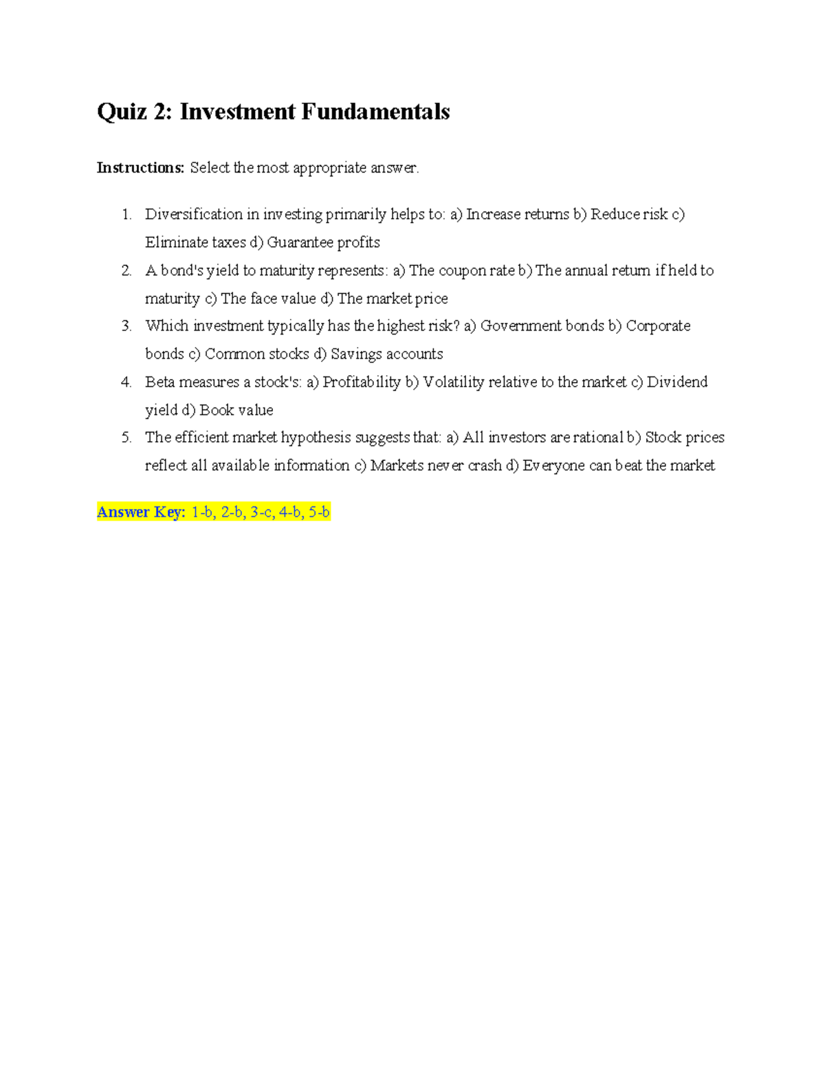 Quiz 2 Review: Investment Fundamentals and Key Concepts - Studocu