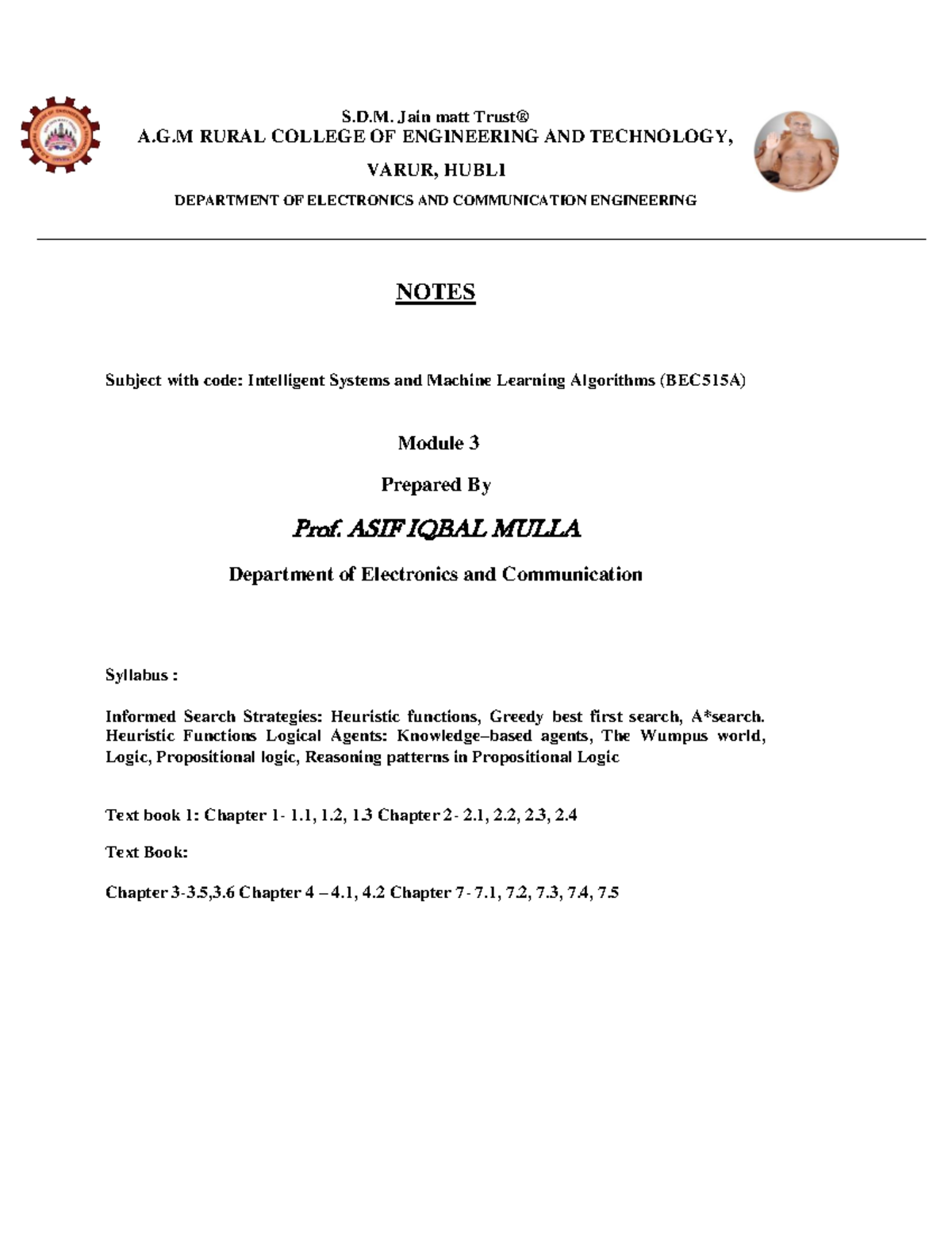 Intelligent Systems and Machine Learning Algorithms (BEC515A) Module 3 ...