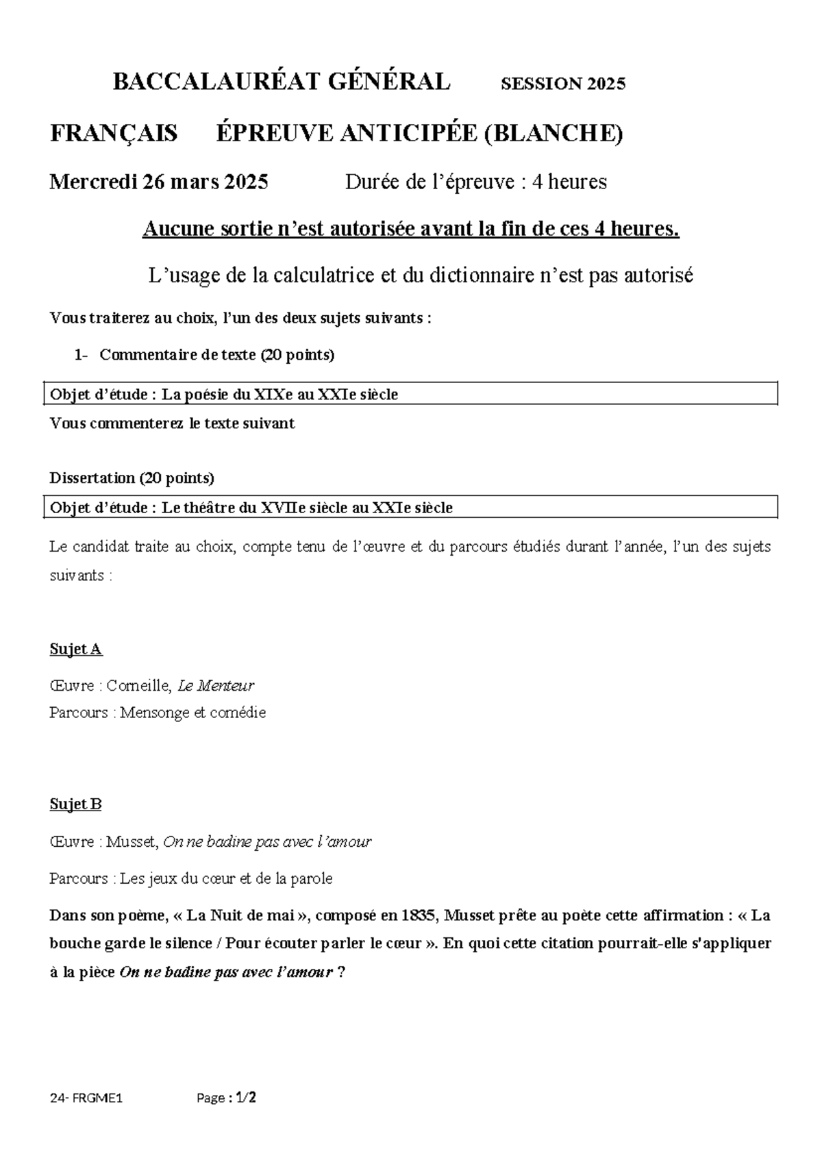 Bac blanc 2025 : épreuve anticipée de français, commentaire et ...
