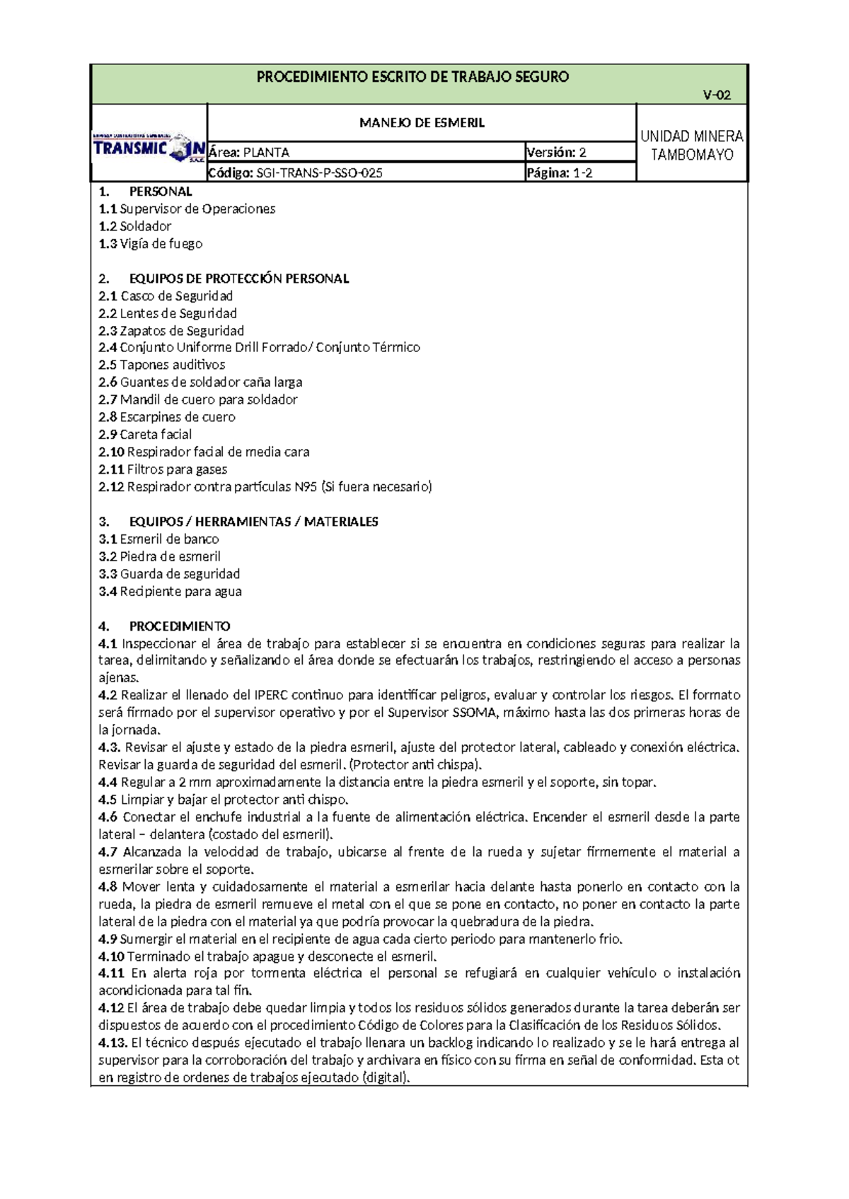 SGI-Trans-P-SSO-025: Procedimiento Seguro para Manejo de Esmeril - Studocu