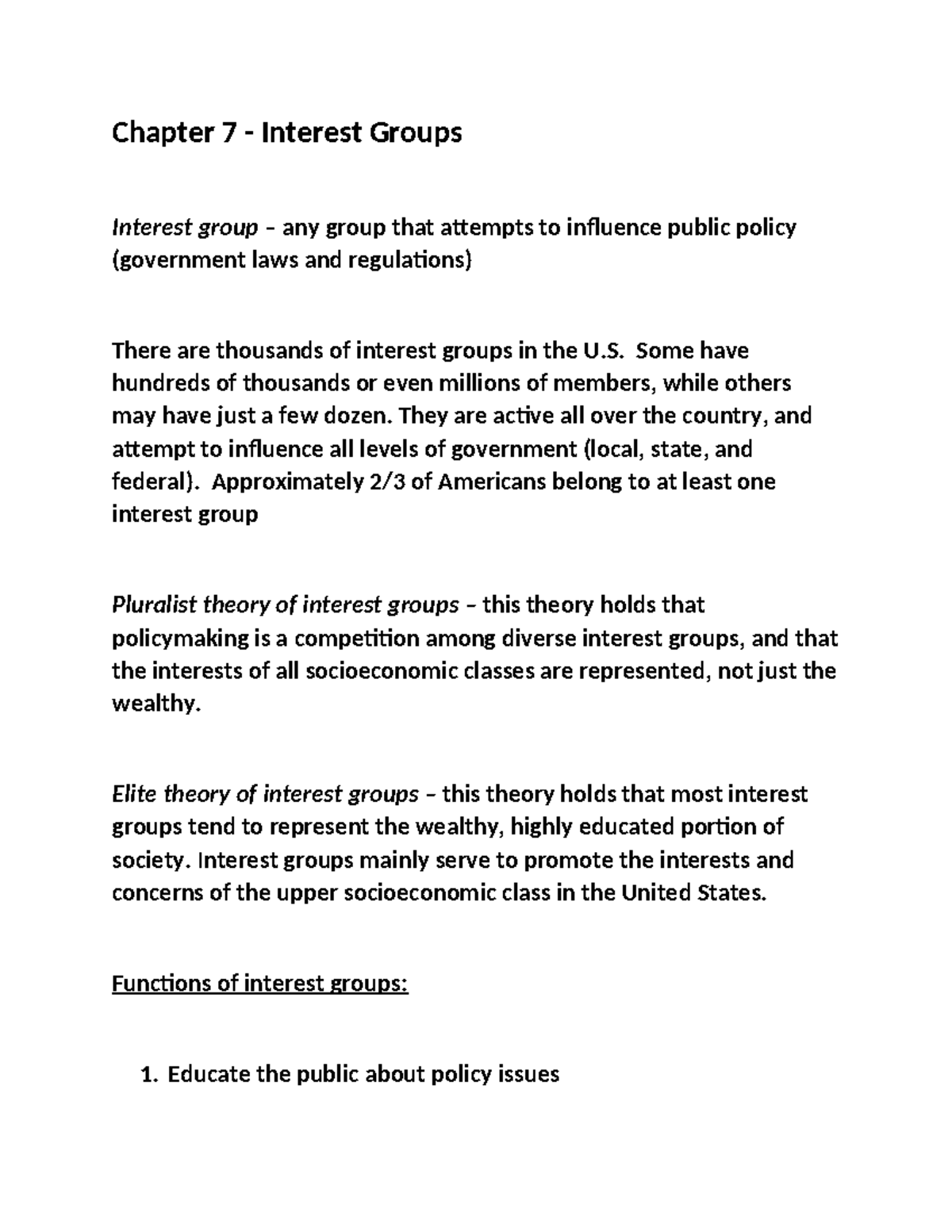 Chapter 7 - Interest Groups: Functions, Types, and Power Dynamics - Studocu