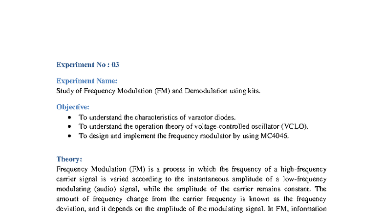 Communication Report 3: Study of FM Modulation & Demodulation - Studocu