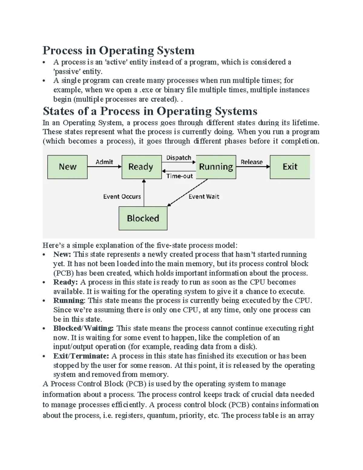 Operating System Processes: States and Control Blocks Overview - Studocu