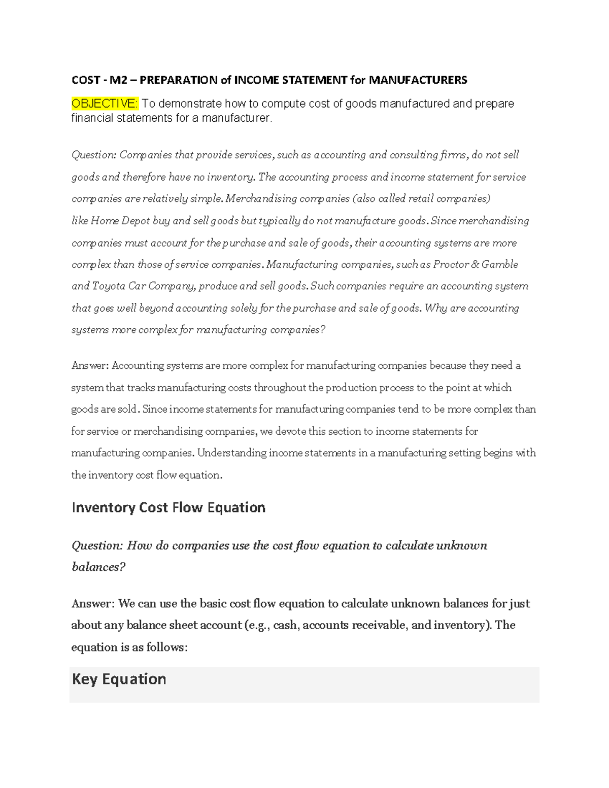 COST M2 Income Statement Preparation for Manufacturers - Studocu