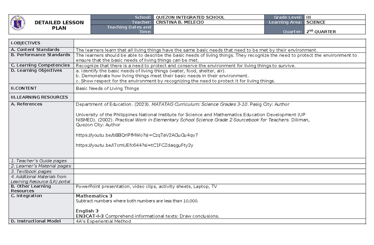 DETAILED LESSON PLAN: SCIENCE 2ND QUARTER - GRADE 3 - Studocu