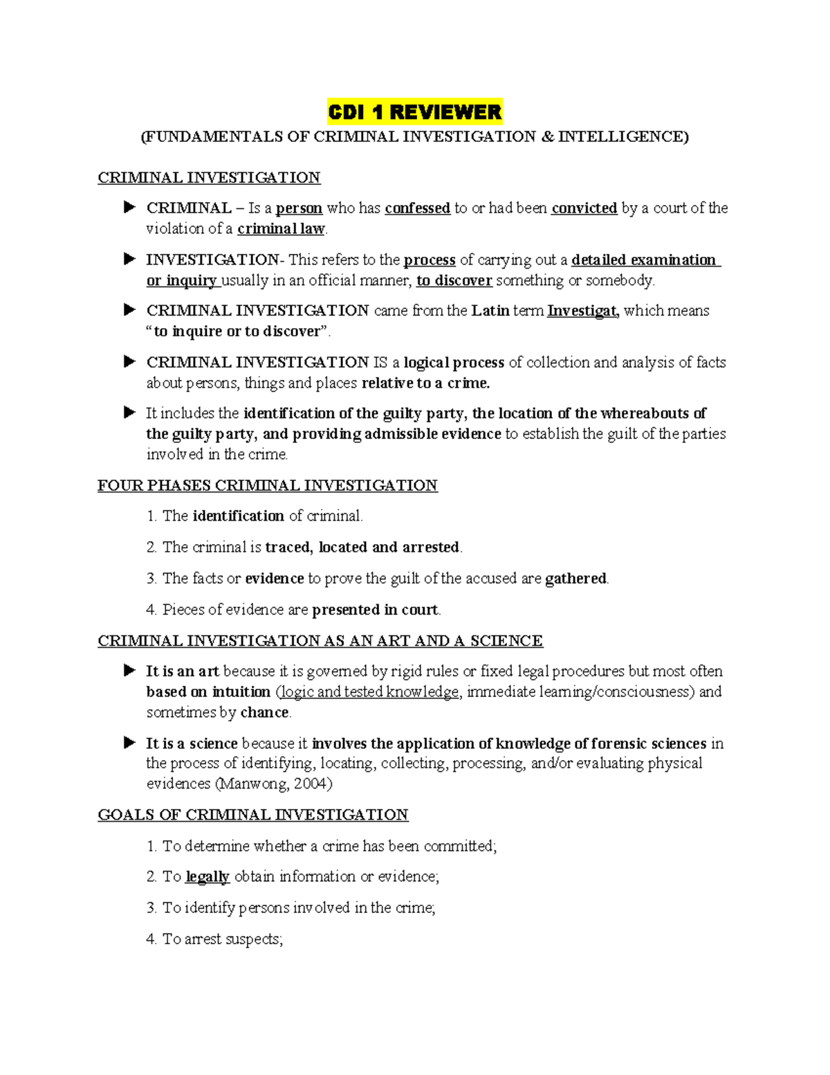CDI 1 REVIEWER: Fundamentals of Criminal Investigation Insights - Studocu