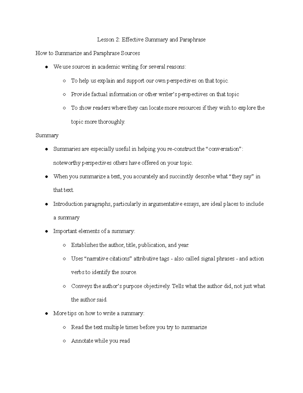 ENGL 102- Lesson 2 Effective Summary and Paraphrase - Lesson 2 ...