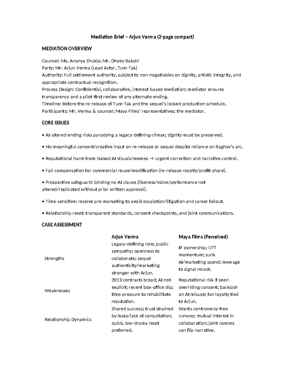 Mediation Brief (MEDIATION 101) for Arjun Verma: Overview & Strategy ...