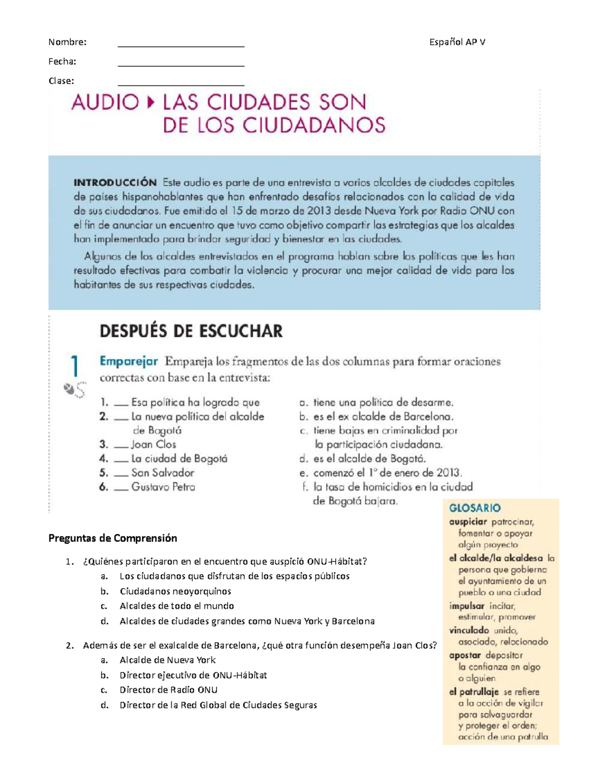 Español AP V: Preguntas de Comprensión sobre Ciudades y Ciudadanos ...
