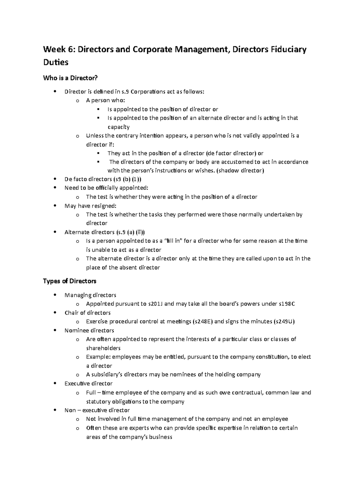 ACCG2051 Lec Notes W6 - Week 6: Directors and Corporate Management ...
