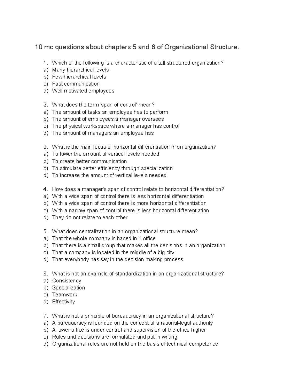 MC Questions on Org Structure: Chapters 5 & 6 - Studeersnel