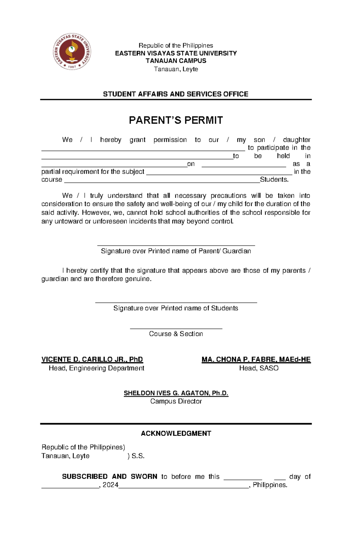 Parents- Permit - duhhh - Republic of the Philippines EASTERN VISAYAS ...