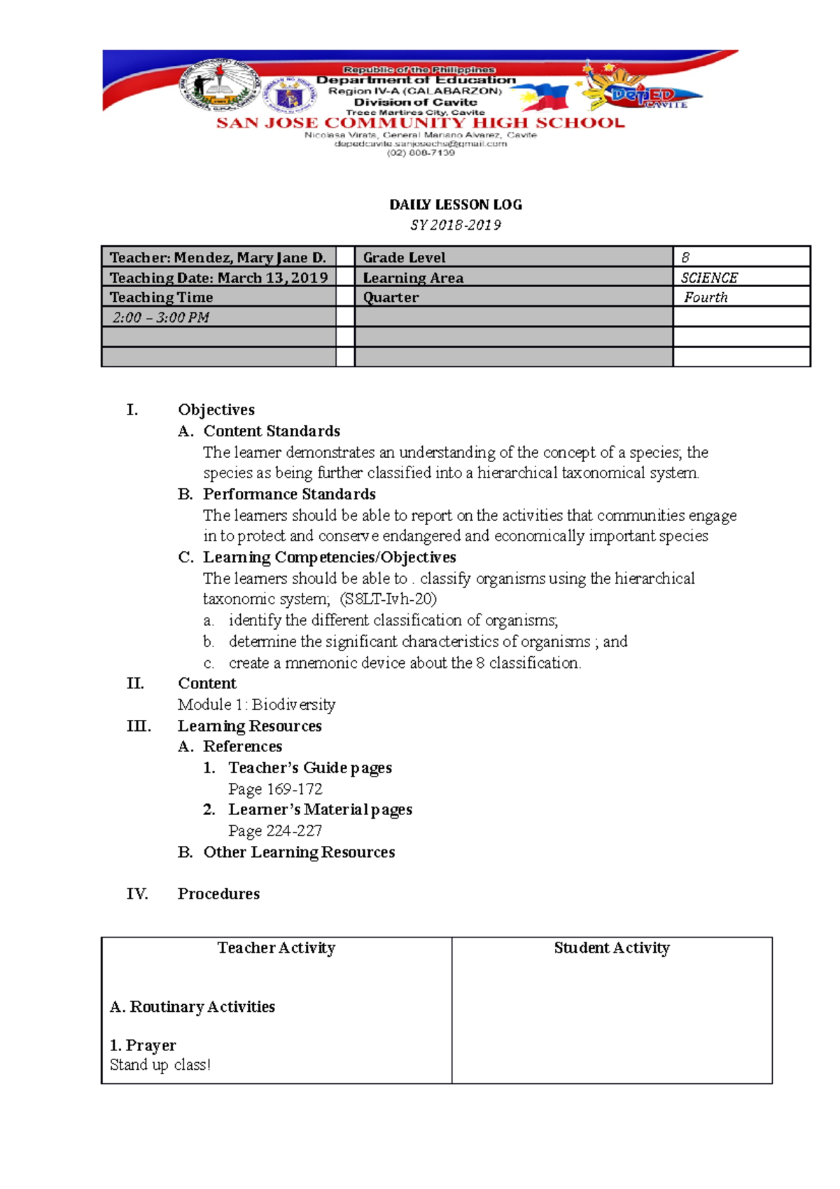 Lesson Plan - Science 8: Exploring Biodiversity Concepts - Studocu