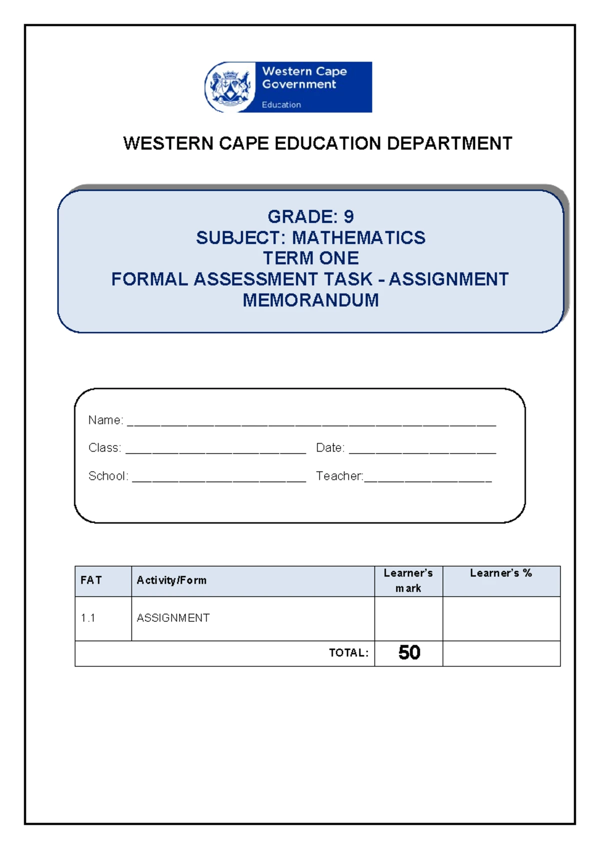 Gr 9 Maths Term 1 Assignment - Formal Assessment Task - Studocu