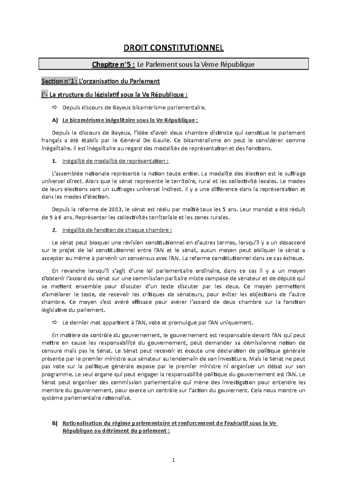 Chapitre 5 : Analyse du Parlement dans la Vème République (Droit ...
