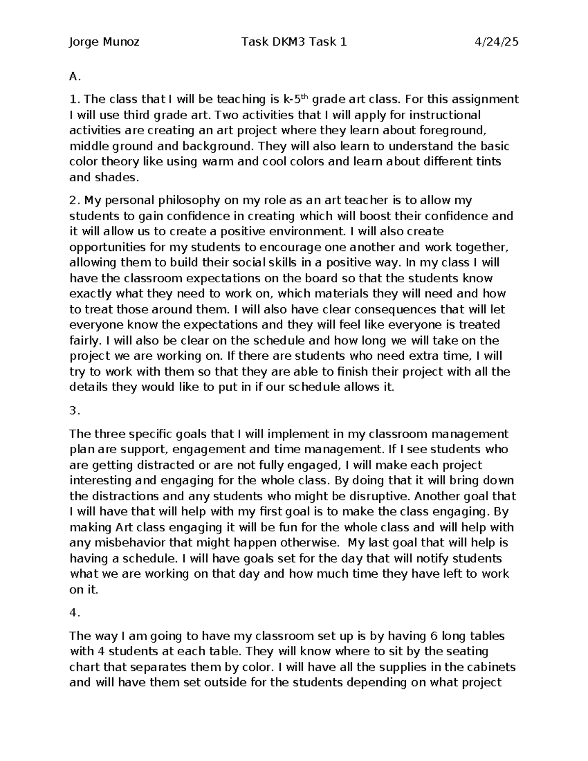 DKM3 Task 1: Art Class Management Plan and Instructional Activities ...