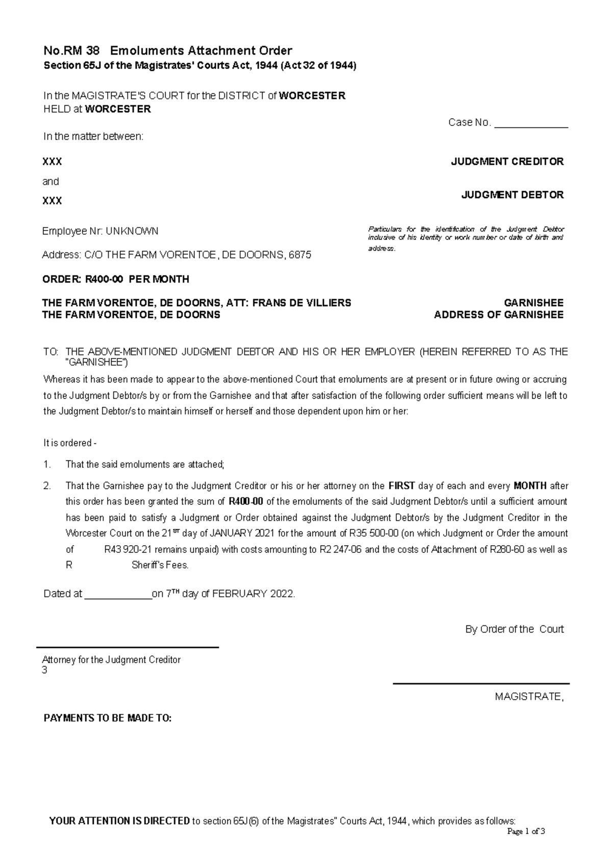 Garnishee Order Under Section 65J of the Courts Act, 1944 - Case BBB ...