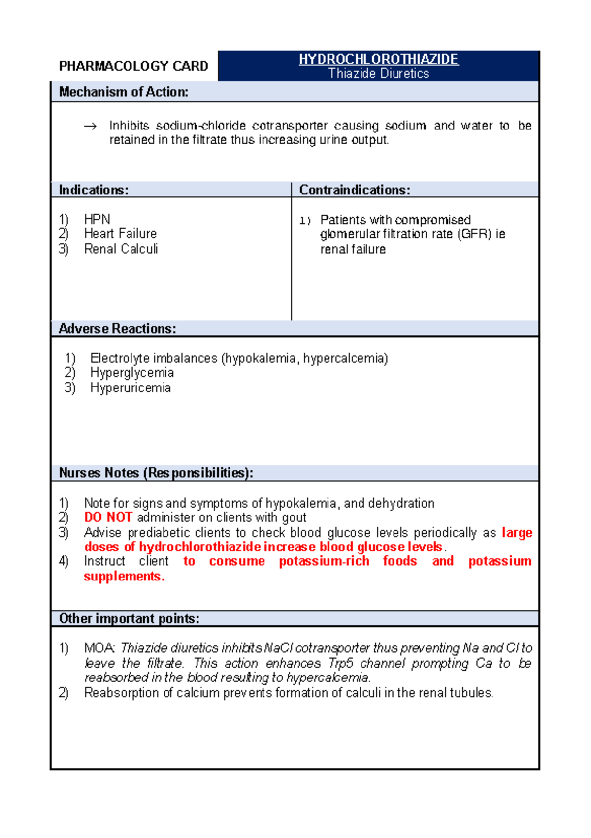 PHARMACOLOGY CARD: ANTI-HYPERTENSIVES (Detailed Study) - Studocu