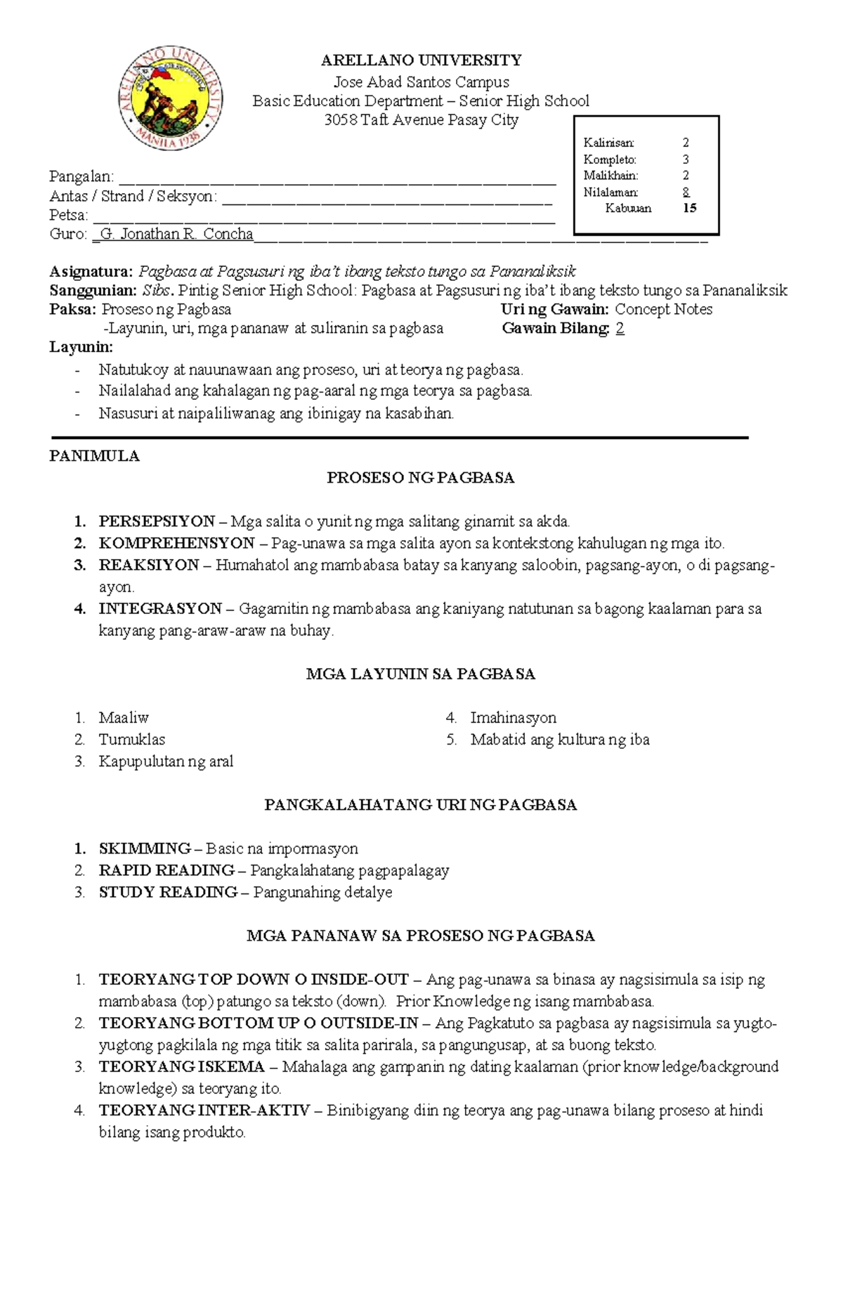 DLP 2: Proseso ng Pagbasa at mga Teorya sa Pagsusuri - Studocu