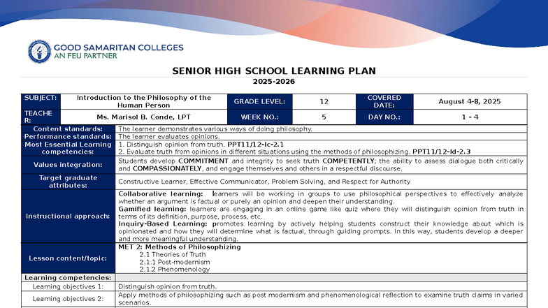PHILO 12: Week 5 Learning Plan - Distinguishing Opinion from Truth ...