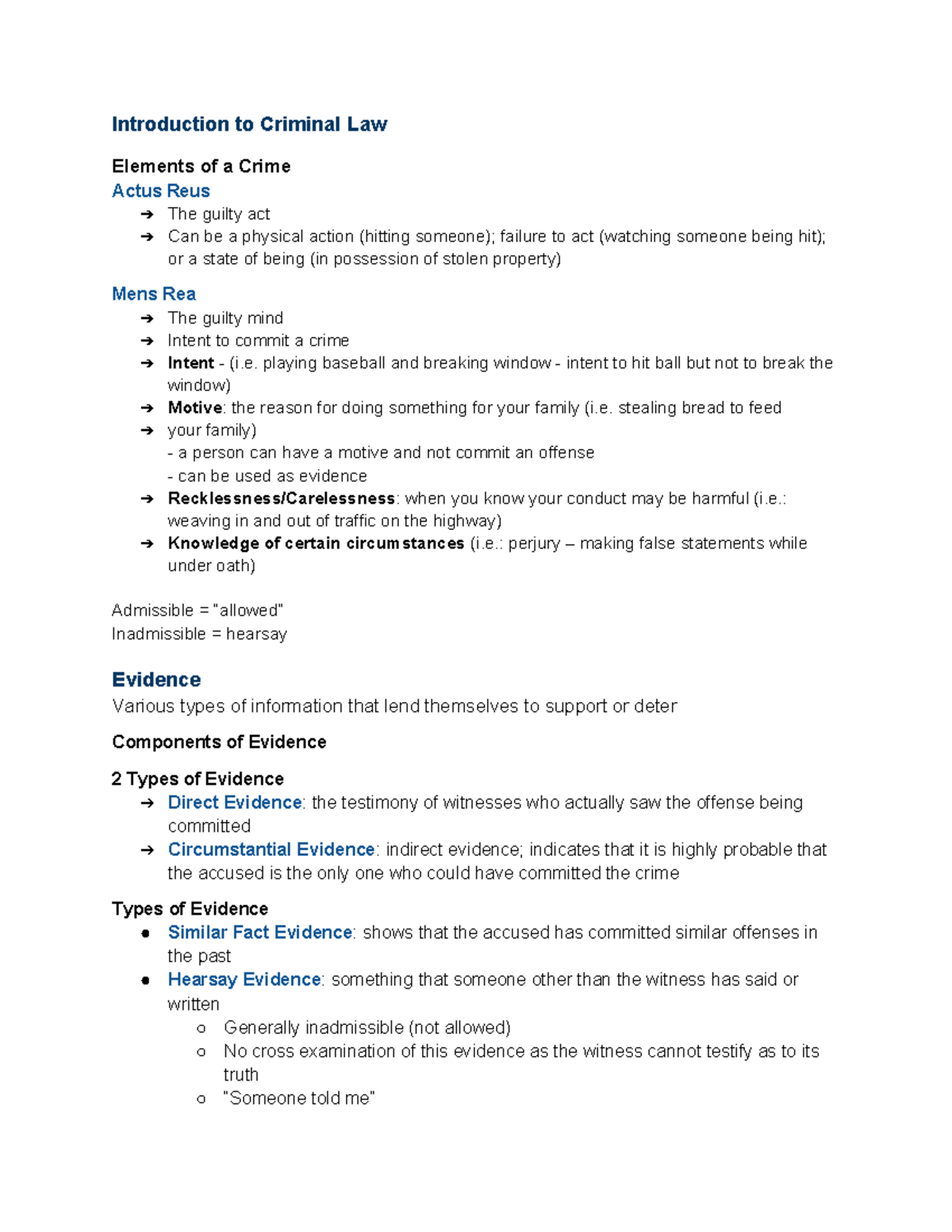 Law Unit 4 Notes: Key Elements of Criminal Law and Evidence Types - Studocu