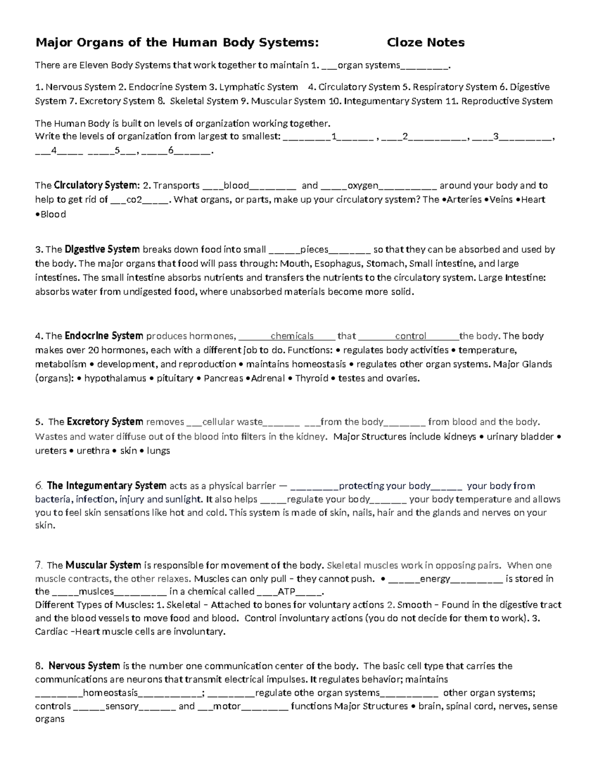 Human Body Systems Overview: Cloze Notes for Health Science (HS 101 ...