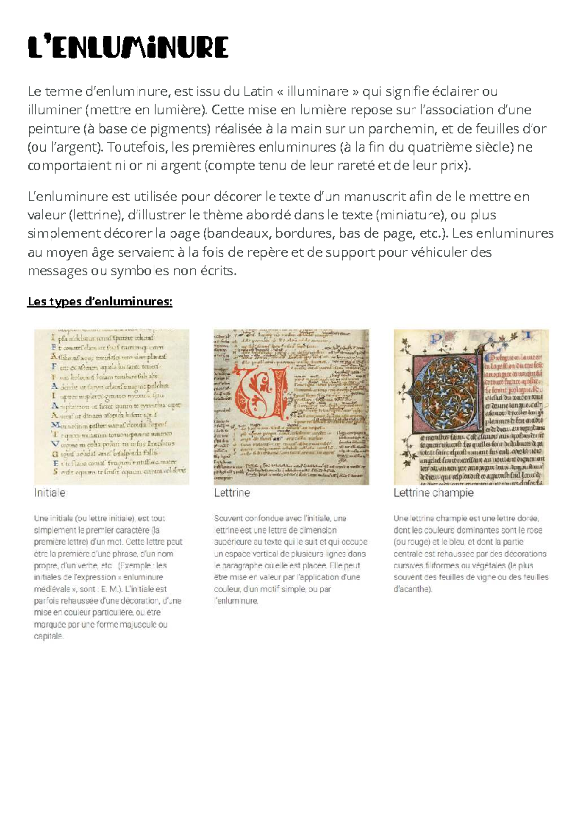 L'enluminure - Fiche de révision sur l'art médiéval - Studocu