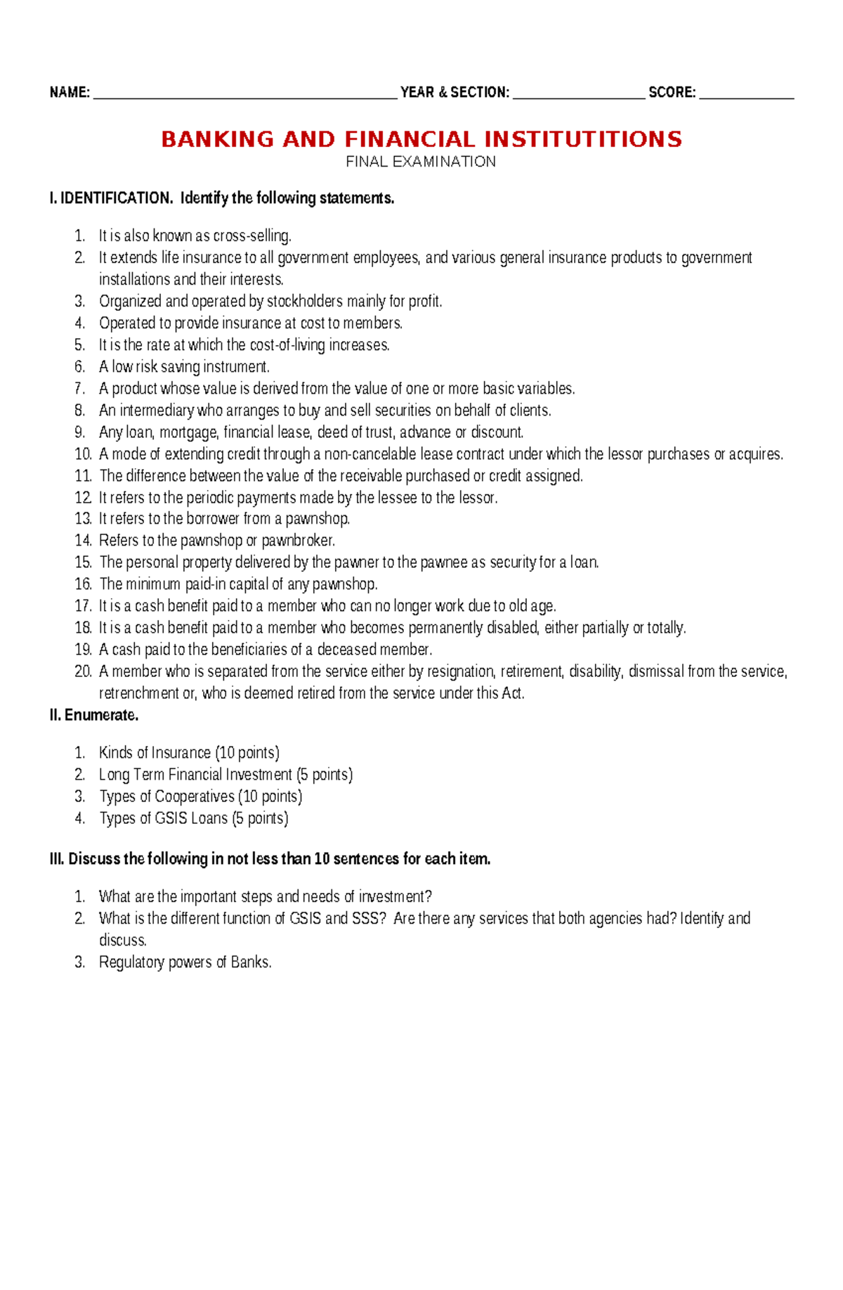 Banking and Financial Institutions FIN EXAM Review Notes - Studocu