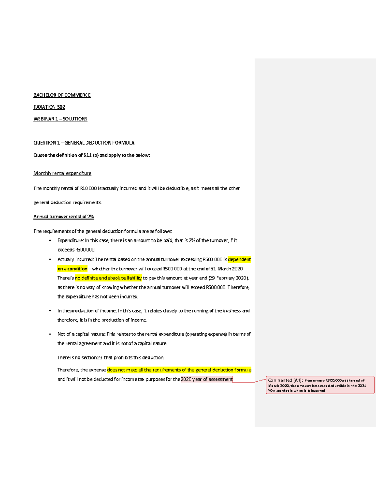 BCOM Y3 Taxation 302 Webinar 1 Solutions & General Deductions - Studocu