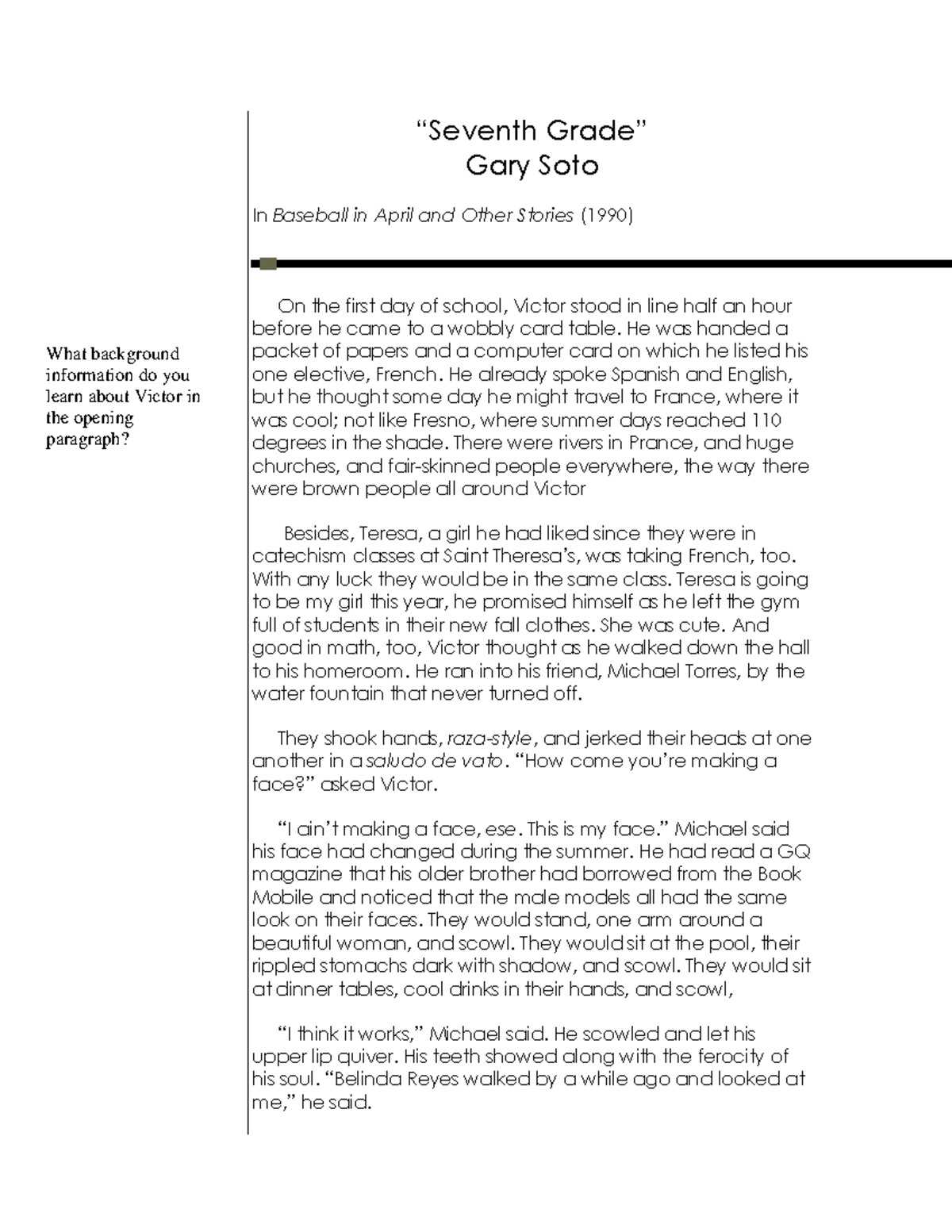 7th Grade Short Story - “Seventh Grade” Gary Soto In Baseball in April ...