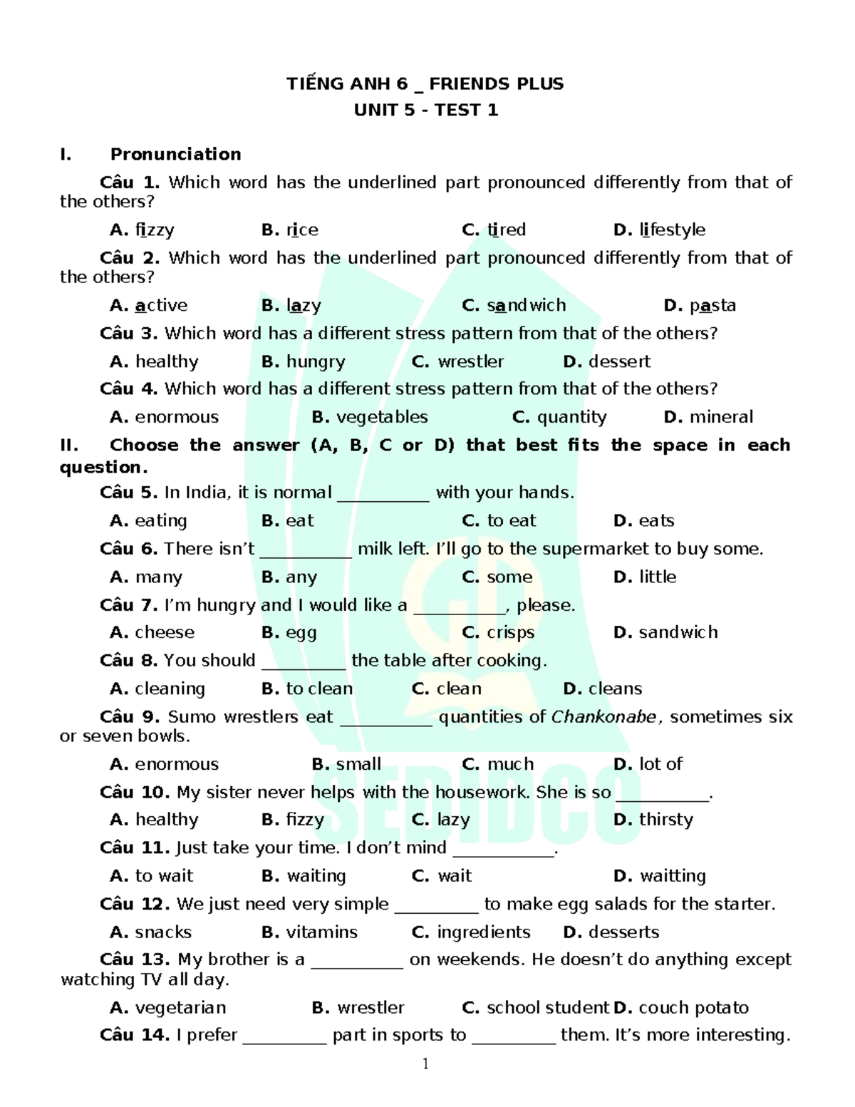 TIẾNG ANH 6 _ FRIENDS PLUS - UNIT 5 - TEST 1 - Studocu