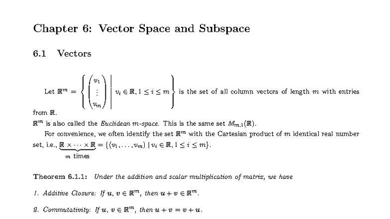 MATH1030 Chapter 6: Vector Spaces and Subspaces Overview - Studocu