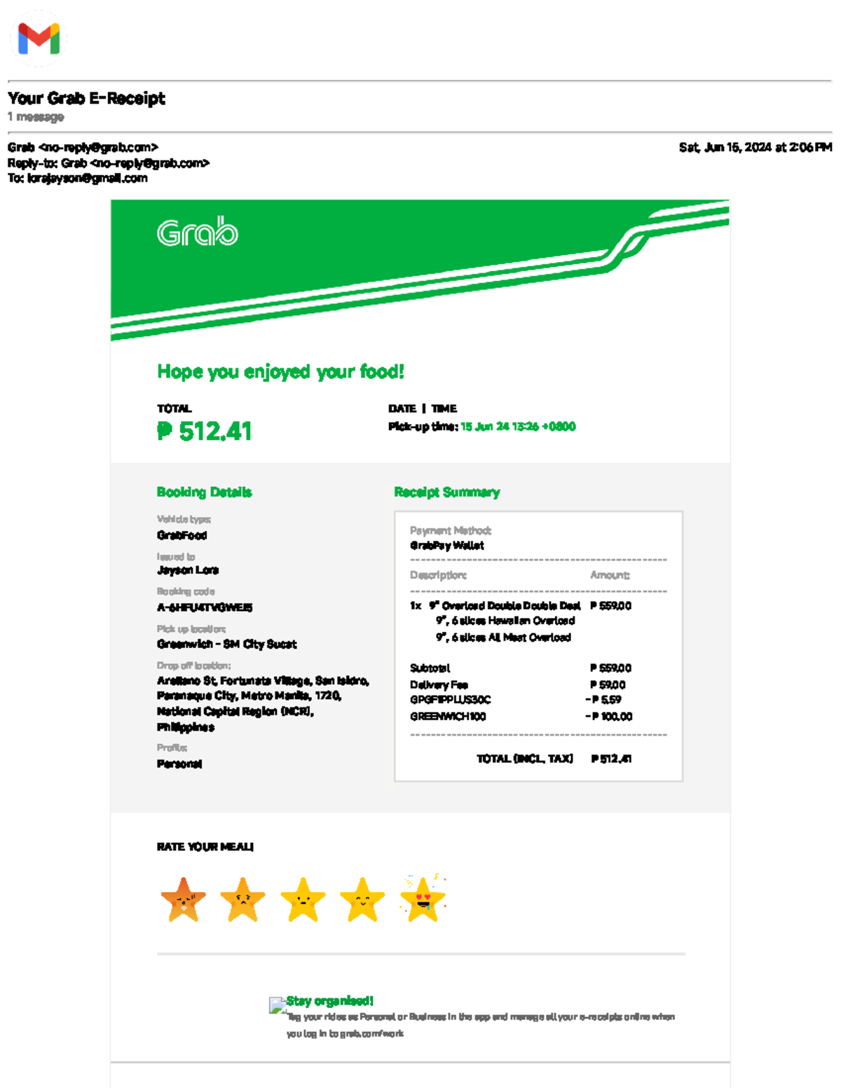 Gmail Receipt: Your Grab E-Receipt (₱ 512.41) - June 15, 2024 - Studocu