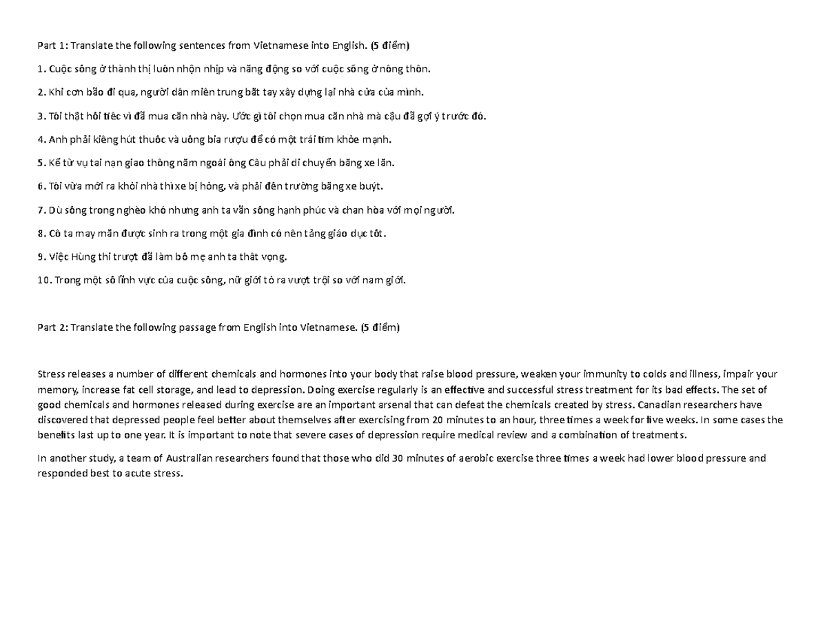 Đề Tham Khảo Luyện Dịch 1 - Part 1: Translate the following sentences ...