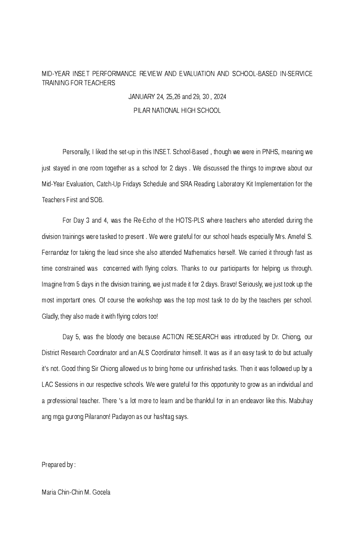 Mid-Year INSET Eval & Training Reflections - PNHS 2024 - Studocu