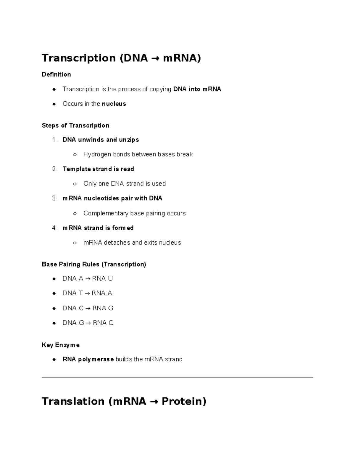 Transcription and Translation Processes in DNA to mRNA (Bio 101) - Studocu