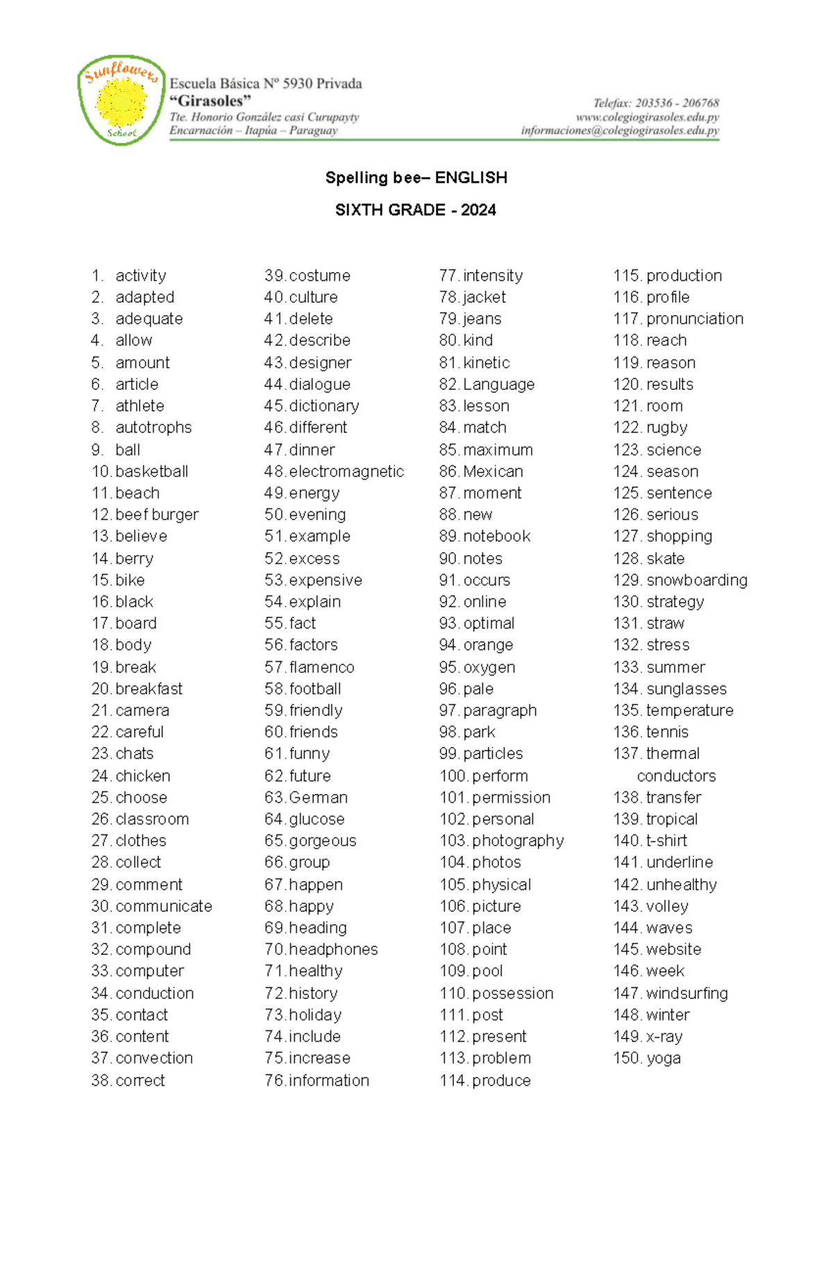 6TH Grade - Spelling bee - Ingles - Spelling bee– ENGLISH SIXTH GRADE - 2024 activity adapted ...