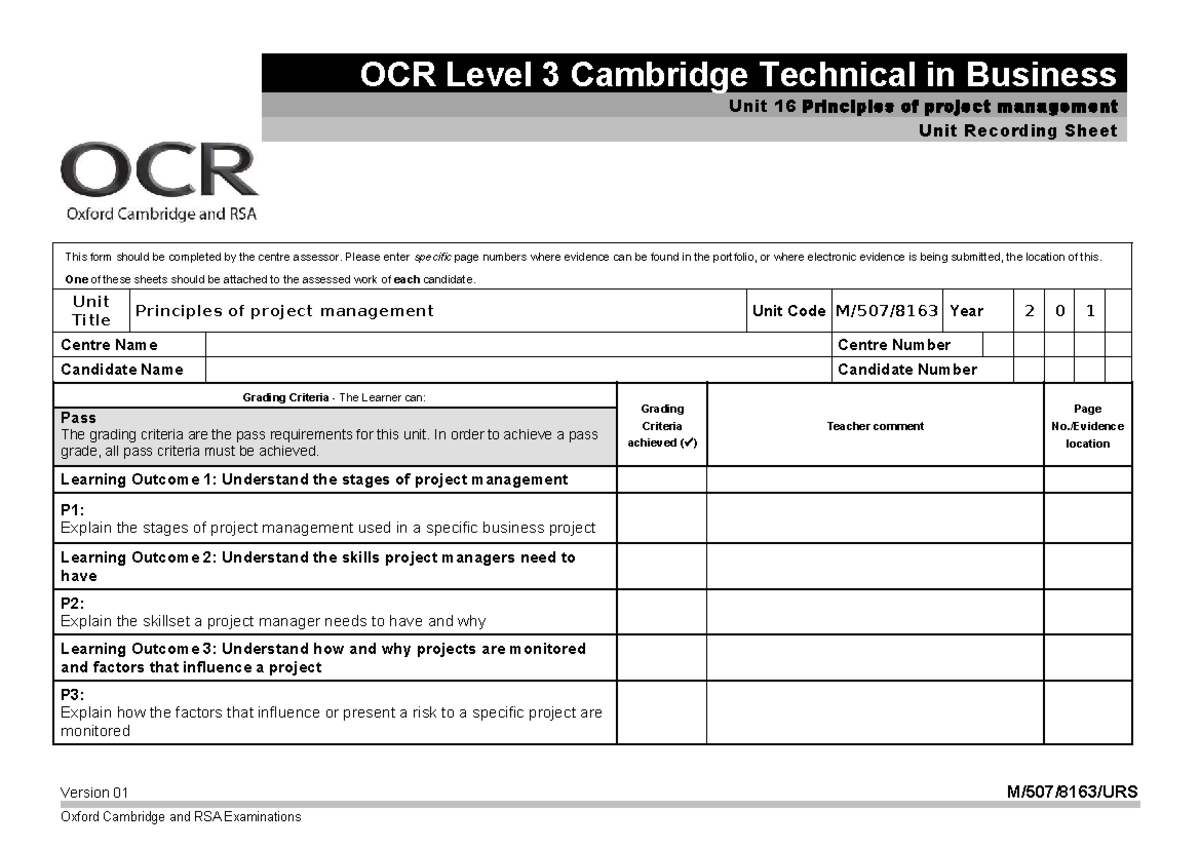 OCR Level 3 Business Unit 16: Project Management Unit Recording Sheet - Studocu