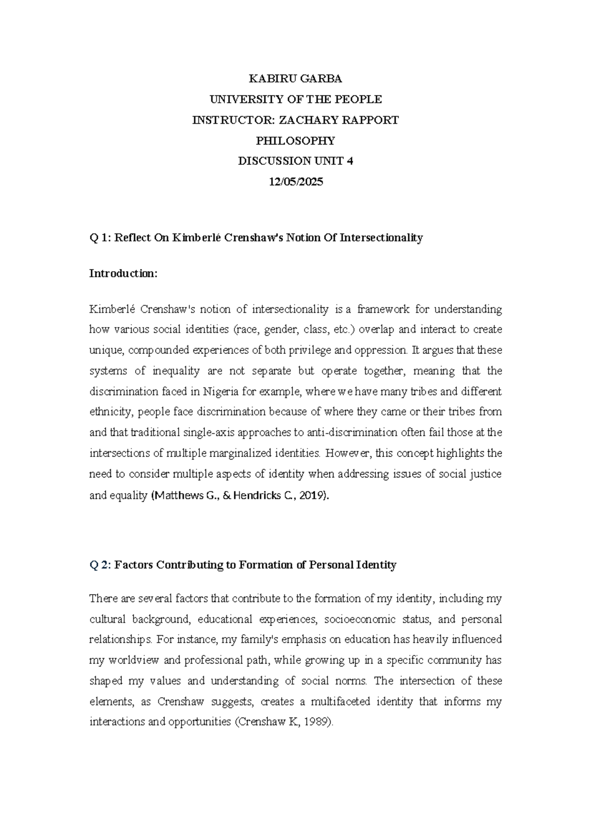 Philosophy Discussion Unit 7: Exploring Intersectionality and Identity ...