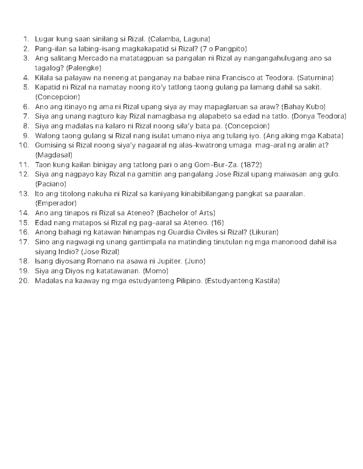 Rizal Quiz 2 Reviewer: Key Facts and Figures - Studocu